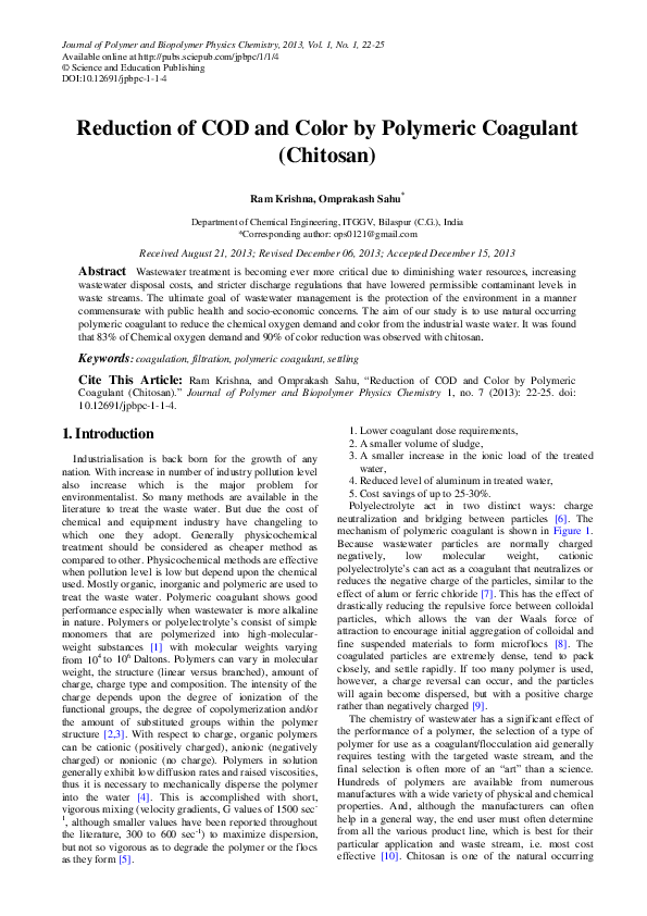 (PDF) Reduction of COD and Color by Polymeric Coagulant (Chitosan)