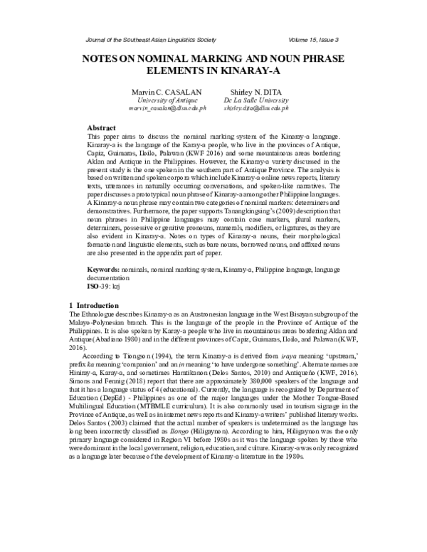 (PDF) NOTES ON NOMINAL MARKING AND NOUN PHRASE ELEMENTS IN KINARAY-A