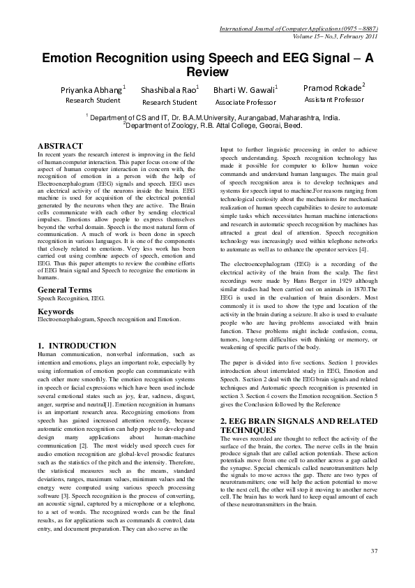 (PDF) Emotion Recognition using Speech and EEG Signal – A Review