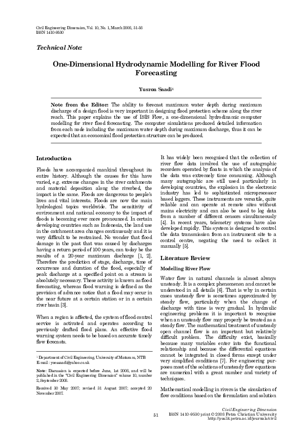 Pdf One Dimensional Hydrodynamic Modelling For River Flood Forecasting