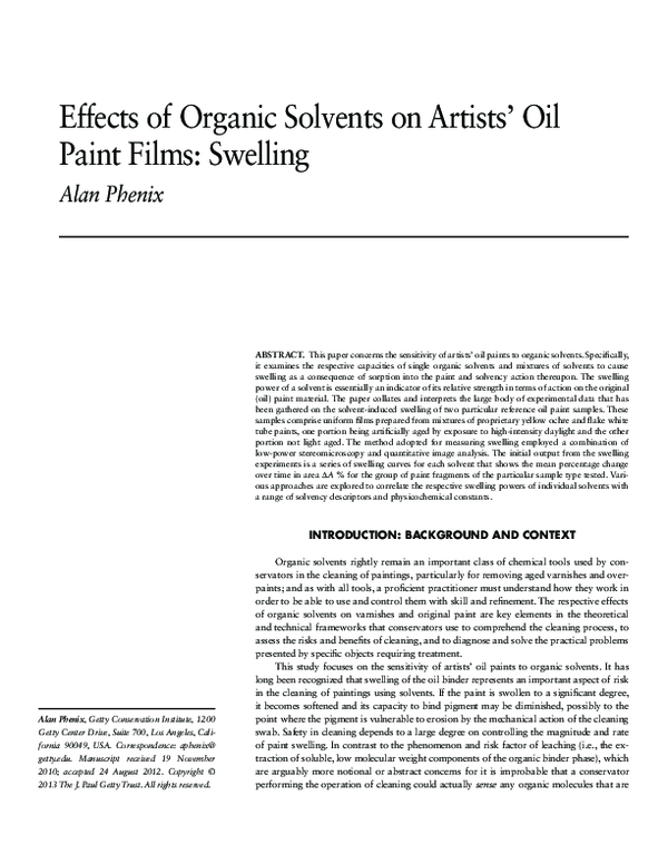 (PDF) Effects of Organic Solvents on Artists’ Oil Paint Films: Swelling