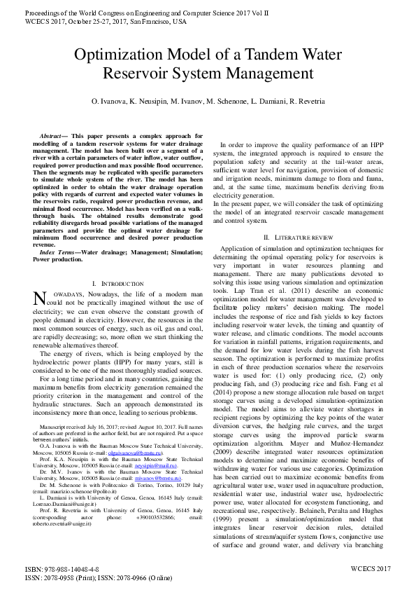 (PDF) Optimization Model of a Tandem Water Reservoir System Management