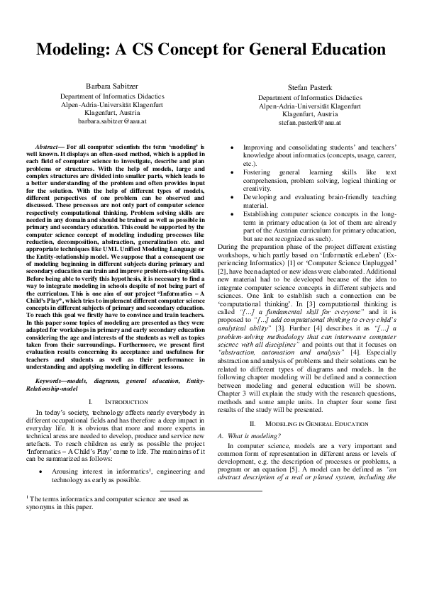 (PDF) Modeling: A CS Concept for General Education