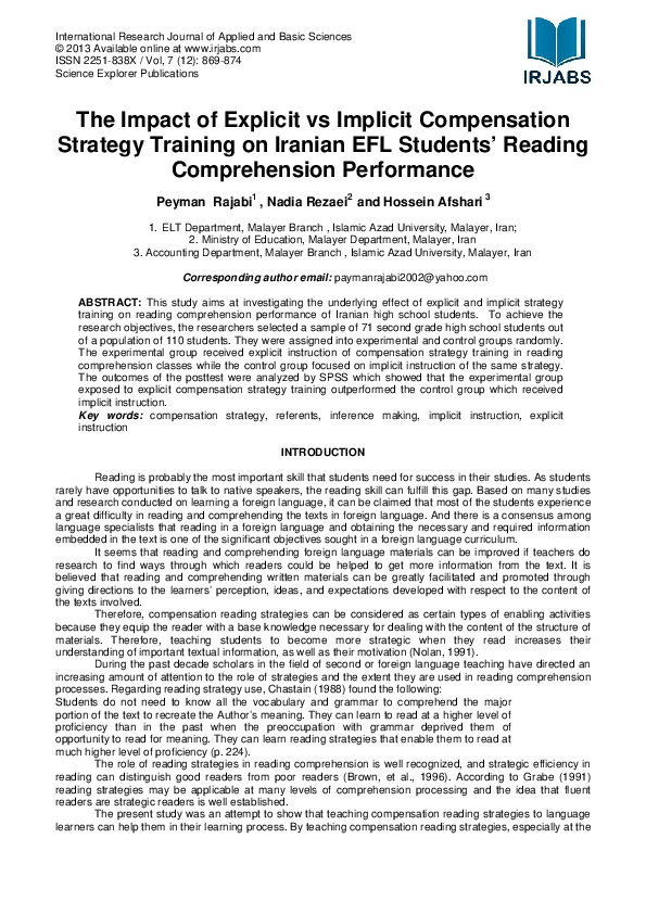 (PDF) The Impact of Explicit vs Implicit Compensation Strategy Training on Iranian EFL Students ...