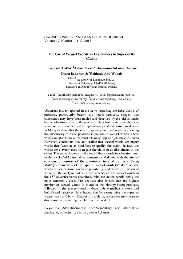 (PDF) The Use of Weasel Words as Disclaimers in Superiority Claims