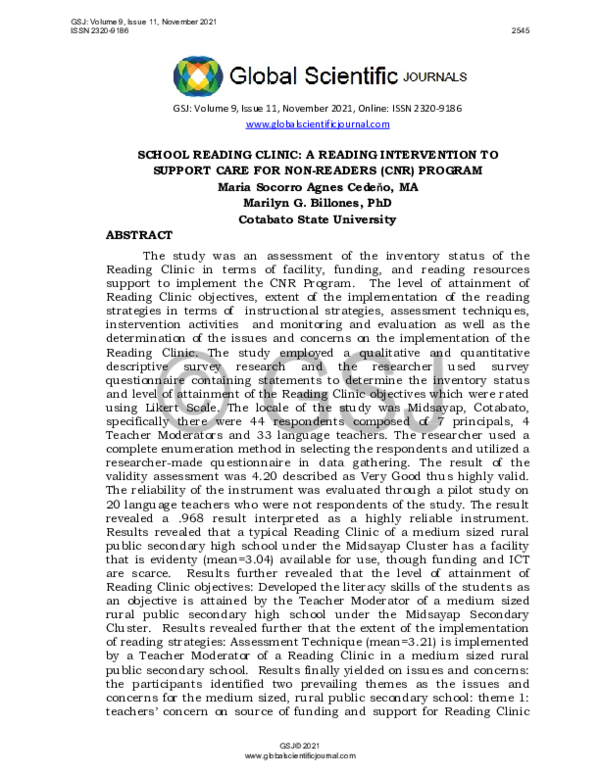 (PDF) SCHOOL READING CLINIC: A READING INTERVENTION TO SUPPORT CARE FOR ...