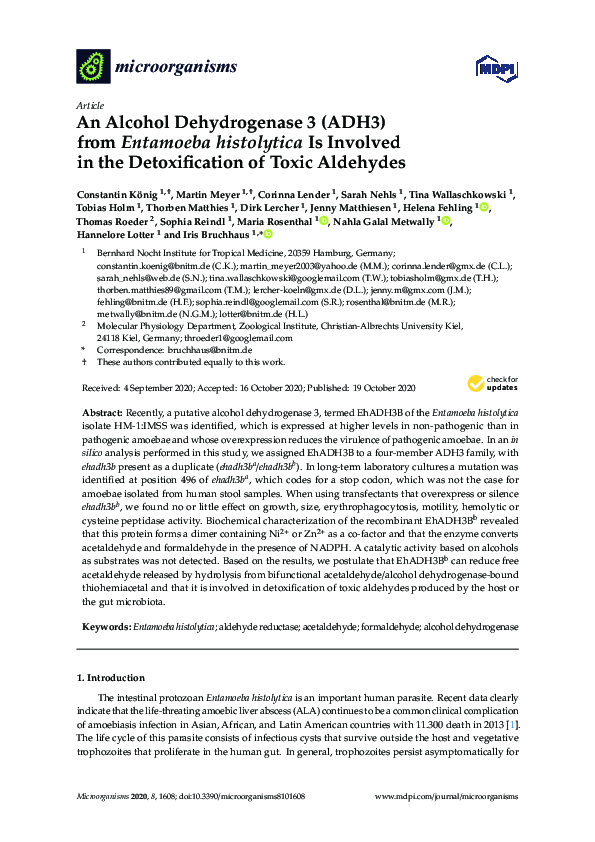 (PDF) An Alcohol Dehydrogenase 3 (ADH3) from Entamoeba histolytica Is ...