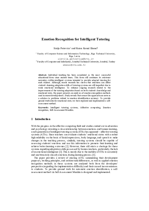 (PDF) Emotion Recognition for Intelligent Tutoring