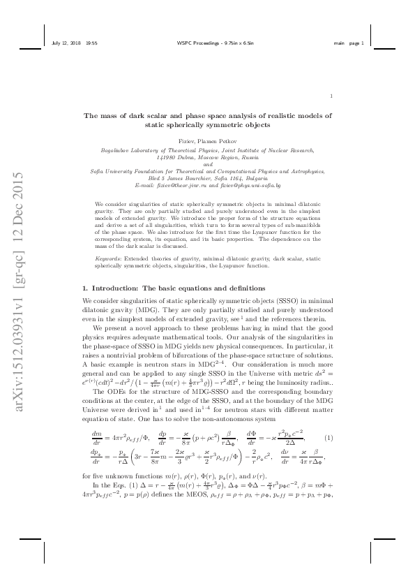 Pdf The Mass Of Dark Scalar And Phase Space Analysis Of Realistic Models Of Static Spherically