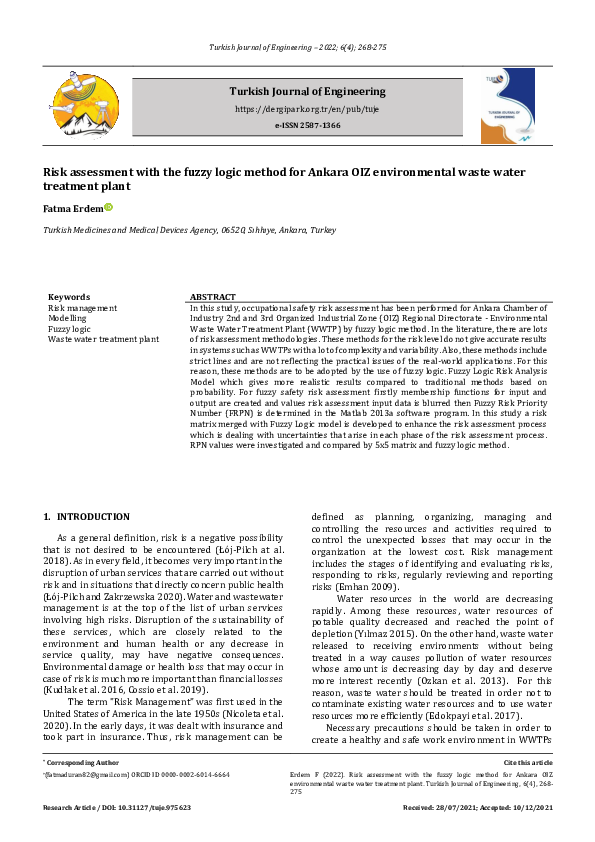 (PDF) Risk assessment with the fuzzy logic method for Ankara OIZ ...