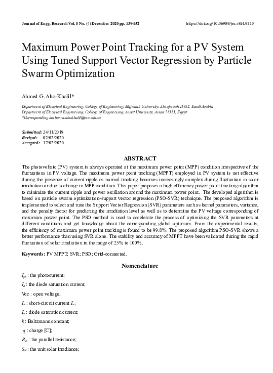 Pdf Maximum Power Point Tracking For A Pv System Using Tuned Support Vector Regression By