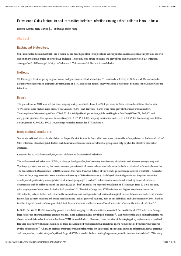 (PDF) Prevalence & risk factors for soil transmitted helminth infection among school children in ...