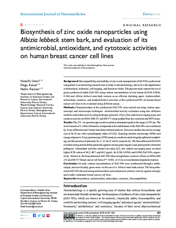 (PDF) Biosynthesis of zinc oxide nanoparticles using Albizia lebbeck stem bark, and evaluation ...