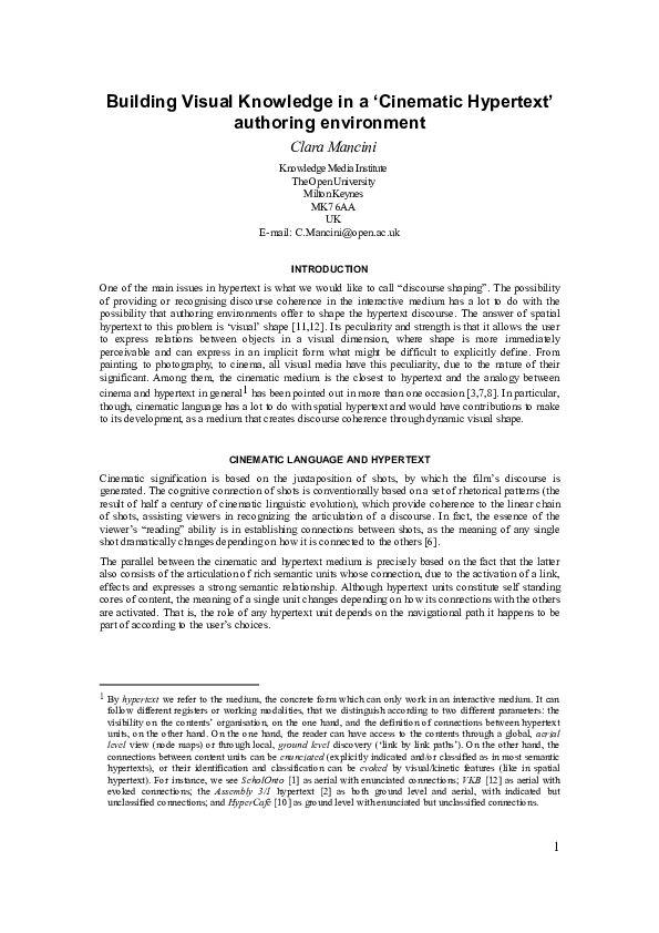 (PDF) Building Visual Knowledge in a 'Cinematic Hypertext'authoring environment