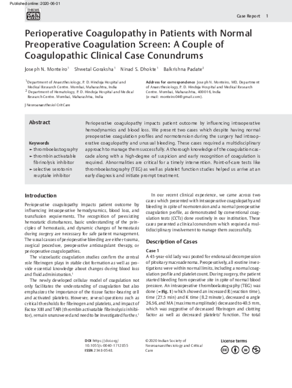 (PDF) Perioperative Coagulopathy in Patients with Normal Preoperative ...