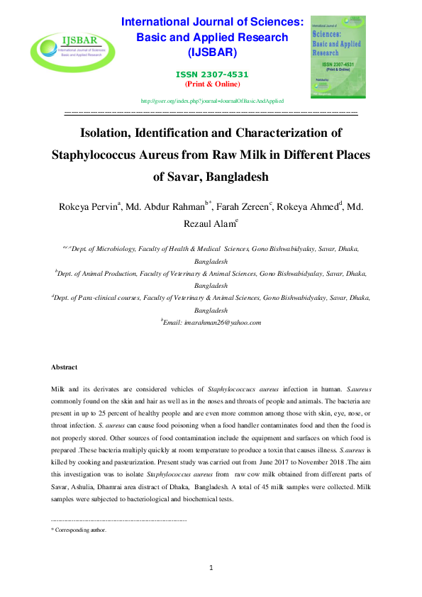 Pdf Isolation Identification And Characterization Of Staphylococcus Aureus From Raw Milk In