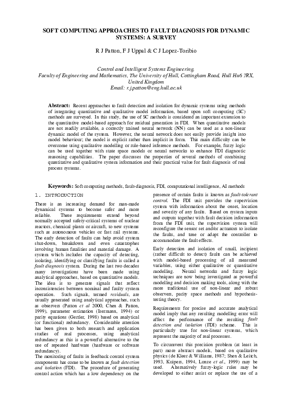 (PDF) Soft computing approaches to fault diagnosis for dynamic systems: a survey