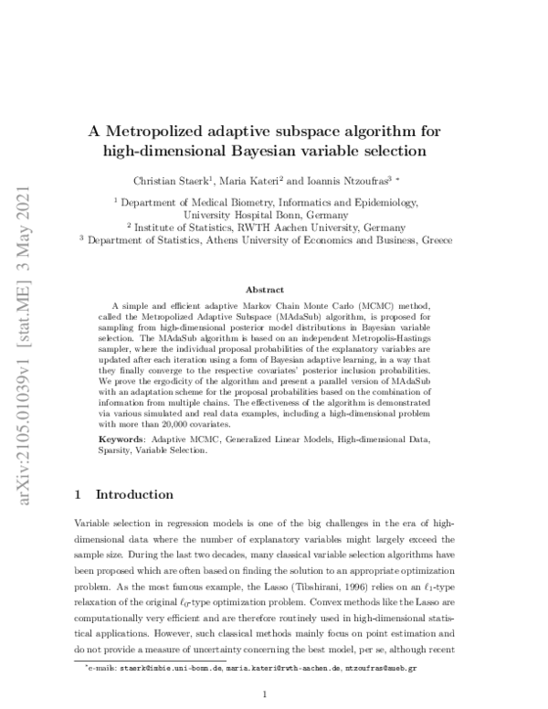 Pdf A Metropolized Adaptive Subspace Algorithm For High Dimensional Bayesian Variable