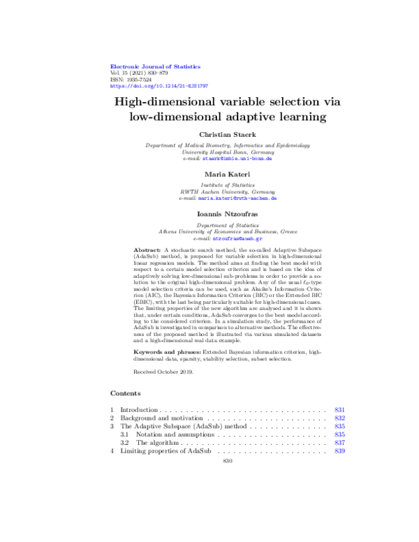(PDF) High-dimensional variable selection via low-dimensional adaptive learning