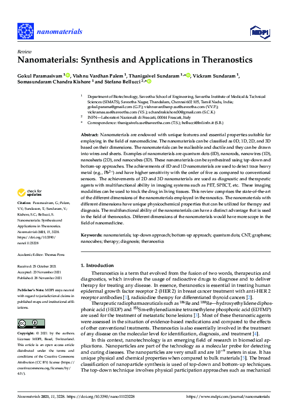 (PDF) Nanomaterials: Synthesis and Applications in Theranostics