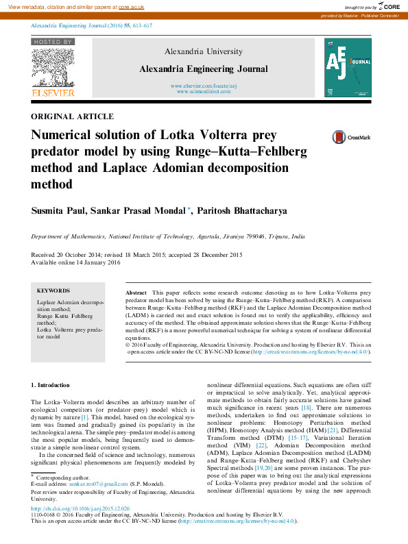 Numerical solution of Lotka Volterra prey predator model by using Runge–Kutta–Fehlberg method ...