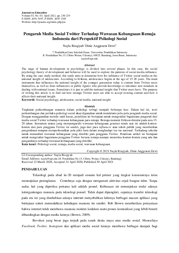 (PDF) Pengaruh Media Sosial Twitter Terhadap Wawasan Kebangsaan Remaja Indonesia dari Perspektif ...