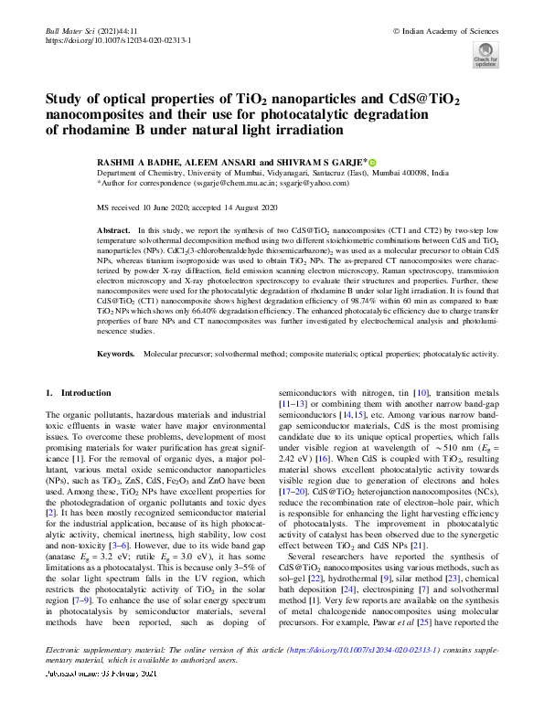 (PDF) Study of optical properties of TiO2 nanoparticles and CdS@TiO2 ...