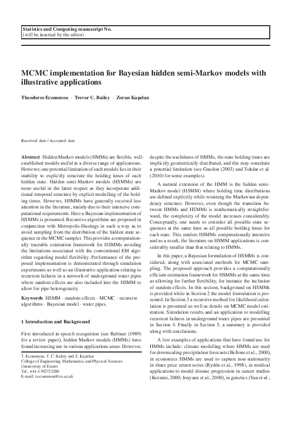 Pdf Mcmc Implementation For Bayesian Hidden Semi Markov Models With Illustrative Applications 3104