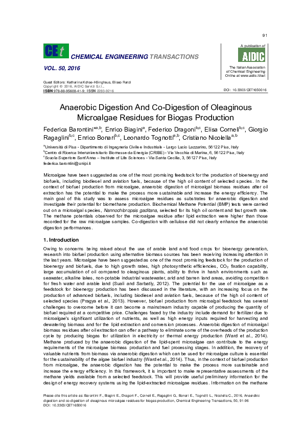 (PDF) Anaerobic digestion and Co-digestion of oleaginous Microalgae ...