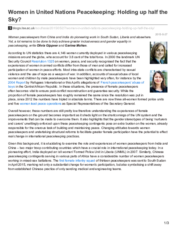 (PDF) Women in United Nations peacekeeping: holding up half the Sky?