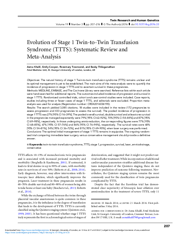 (PDF) Evolution of Stage 1 Twin-to-Twin Transfusion Syndrome (TTTS ...