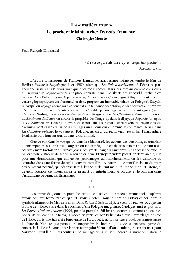 (PDF) La « matière mur ». Le proche et le lointain chez François Emmanuel