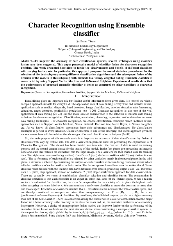 (PDF) Character Recognition using Ensemble classifier