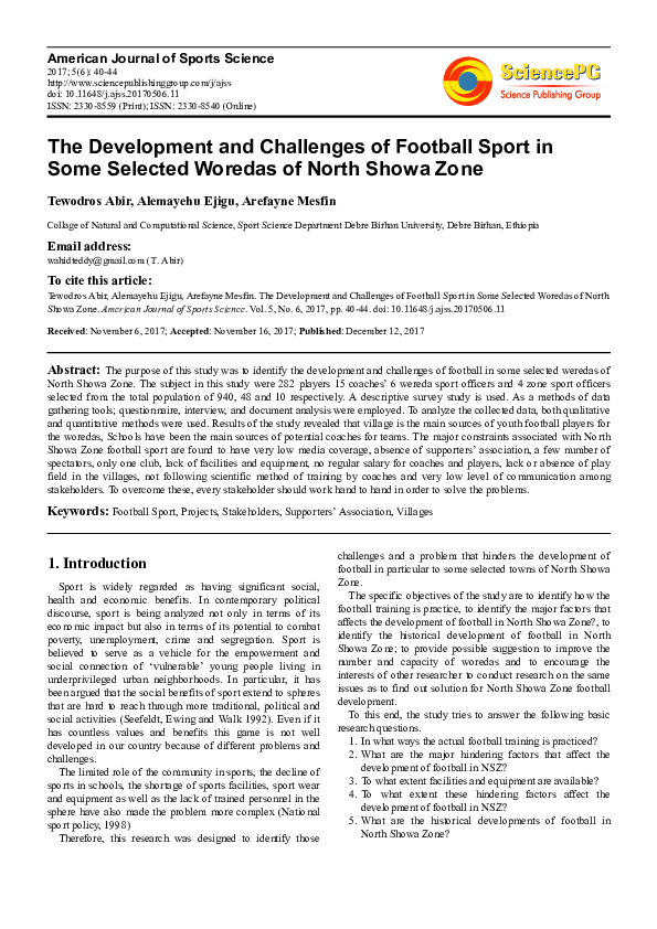 (PDF) The Development and Challenges of Football Sport in Some Selected ...