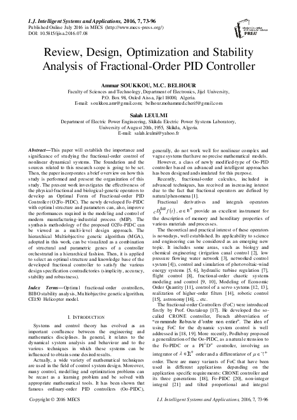 (PDF) Review, Design, Optimization and Stability Analysis of Fractional-Order PID Controller
