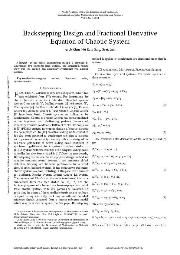 (PDF) Backstepping Design and Fractional Derivative Equation of Chaotic System