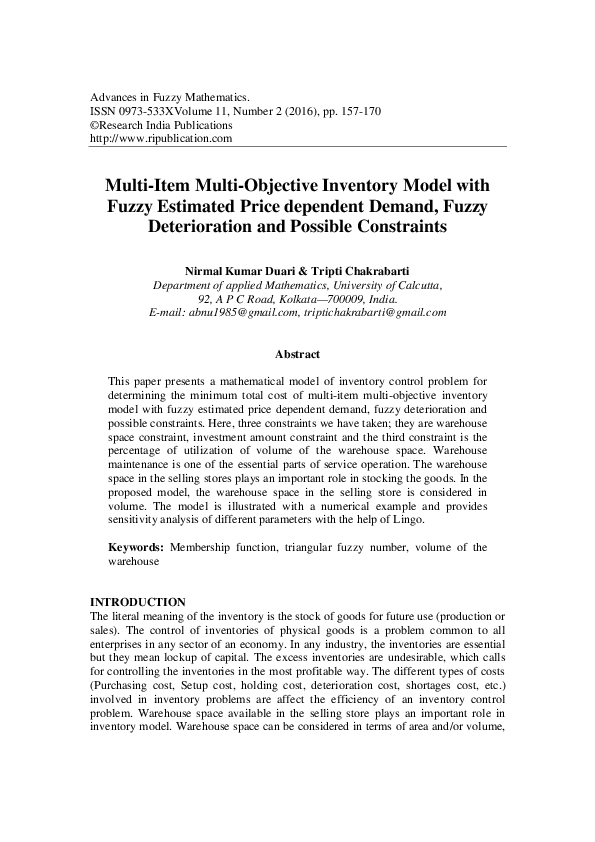 (PDF) Multi-Item Multi-Objective Inventory Model with Fuzzy Estimated ...