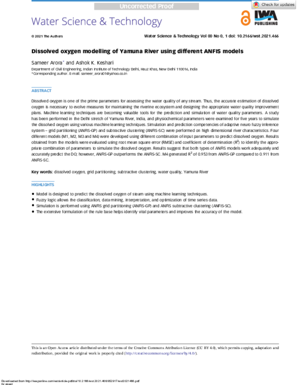Pdf Dissolved Oxygen Modelling Of Yamuna River Using Different Anfis