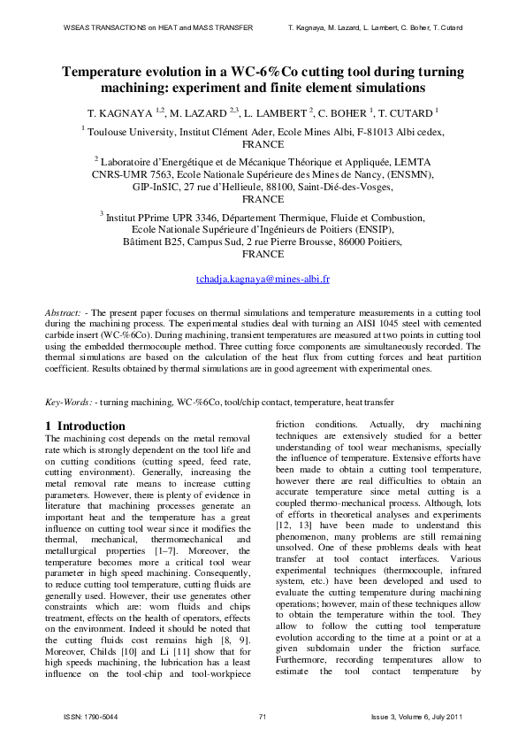 (PDF) Temperature evolution in a WC-6% Co cutting tool during turning machining : experiment and ...