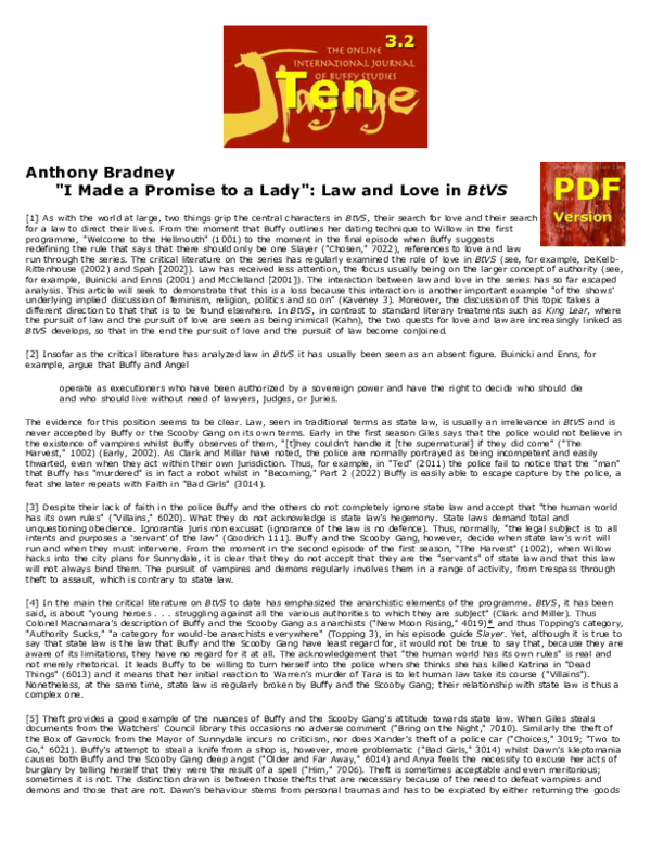 (PDF) I Made a Promise to a Lady": Law and Love in BtVS
