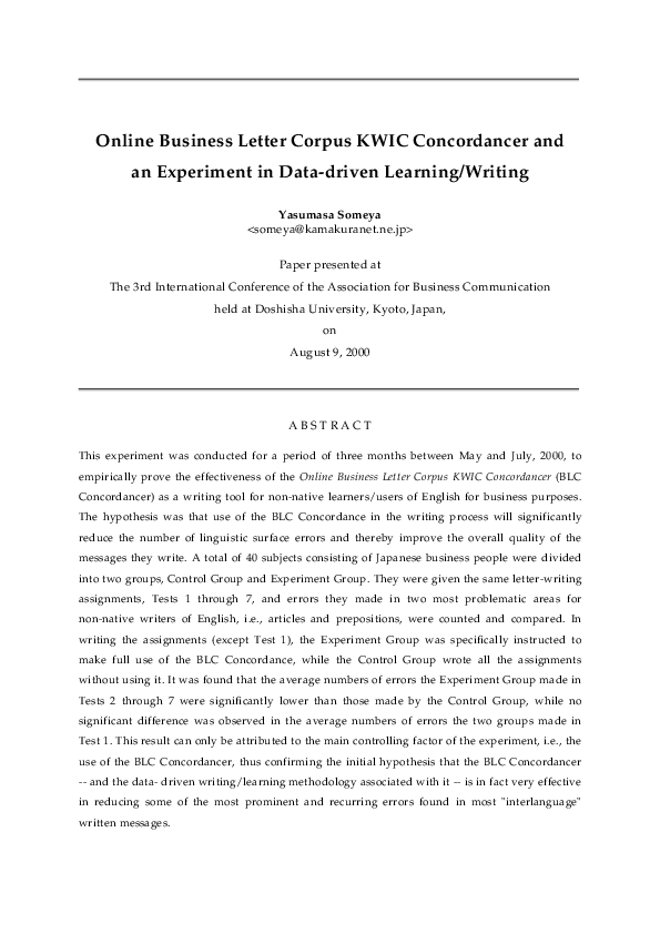 (PDF) Online Business Letter Corpus KWIC Concordancer and an Experiment ...