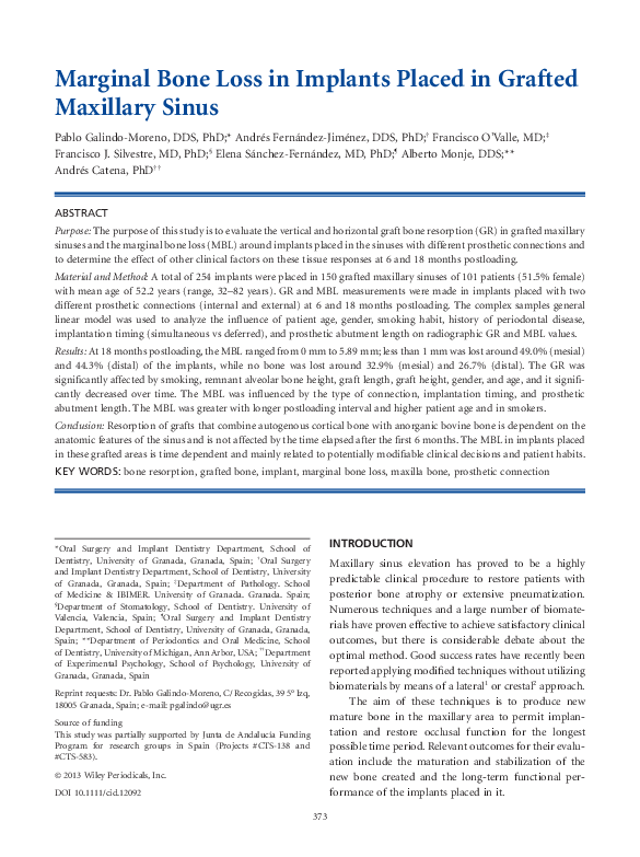 (PDF) Marginal Bone Loss in Implants Placed in Grafted Maxillary Sinus | Andres Catena ...