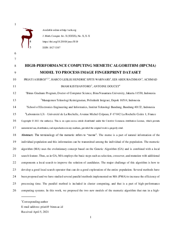 (PDF) HIGH-PERFORMANCE COMPUTING MEMETIC ALGORITHM (HPCMA) MODEL TO PROCESS IMAGE FINGERPRINT ...