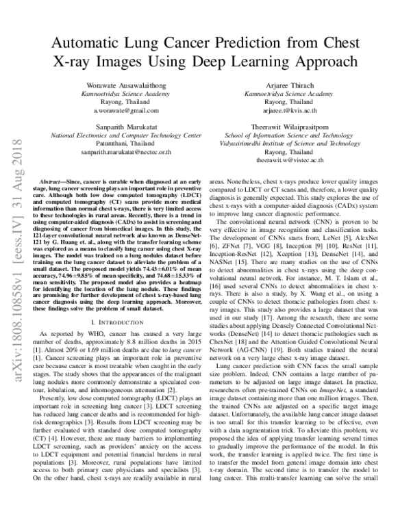 (PDF) Automatic Lung Cancer Prediction from Chest X-ray Images Using the Deep Learning Approach