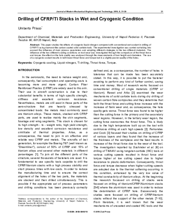 (PDF) Drilling of CFRP/Ti Stacks in Wet and Cryogenic Condition