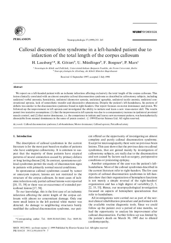 (PDF) Callosal disconnection syndrome in a left-handed patient due to ...