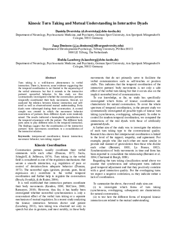 (PDF) Kinesic Turn Taking and Mutual Understanding in Interactive Dyads