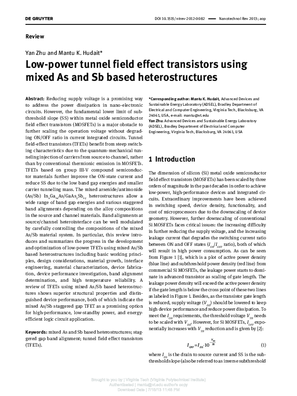 Pdf Low Power Tunnel Field Effect Transistors Using Mixed As And Sb Based Heterostructures