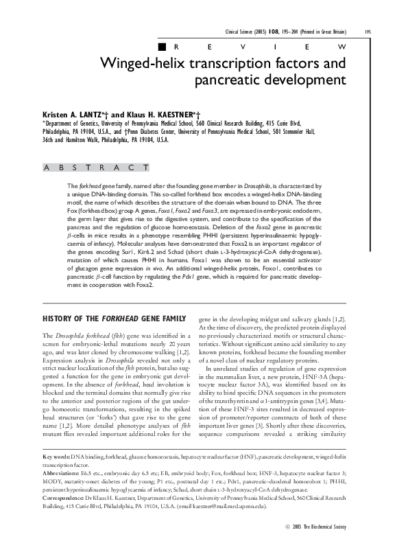 (PDF) Winged-helix transcription factors and pancreatic development