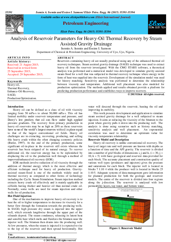 (PDF) Analysis of Reservoir Parameters for Heavy-Oil Thermal Recovery ...